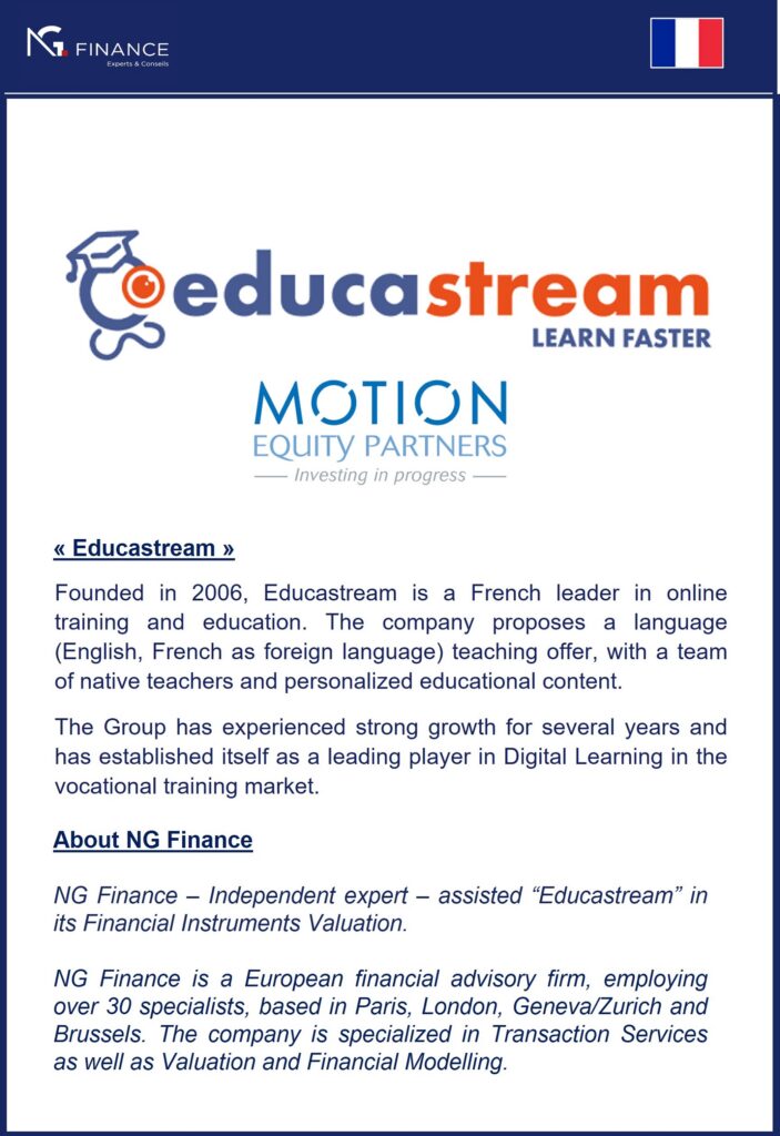 NG Finance a assisté "Educastream" dans sa valorisation d'instruments financiers. - NG Finance